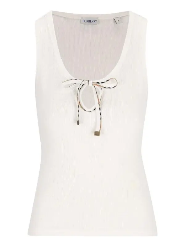 Burberry Ribbed Cotton Tank Top With Tie Detail - White
