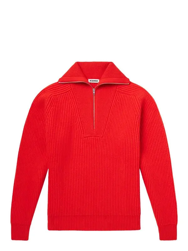 JIL SANDER Ribbed Wool Zip-up Sweater - Red