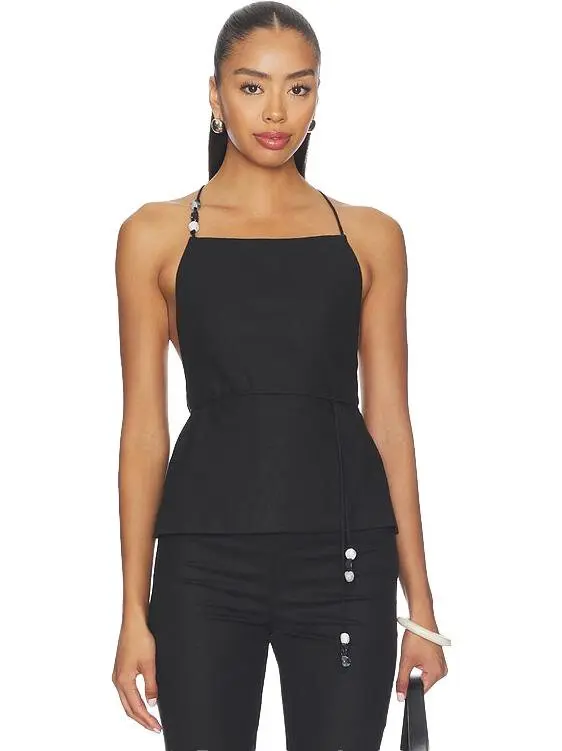 L'academie Anaia Linen Blend Top With Back Tie Detail - Black