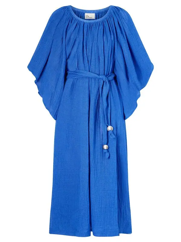 Lisa Marie Fernandez Embellished Belted Crinkled Gauze Midi Dress - Blue