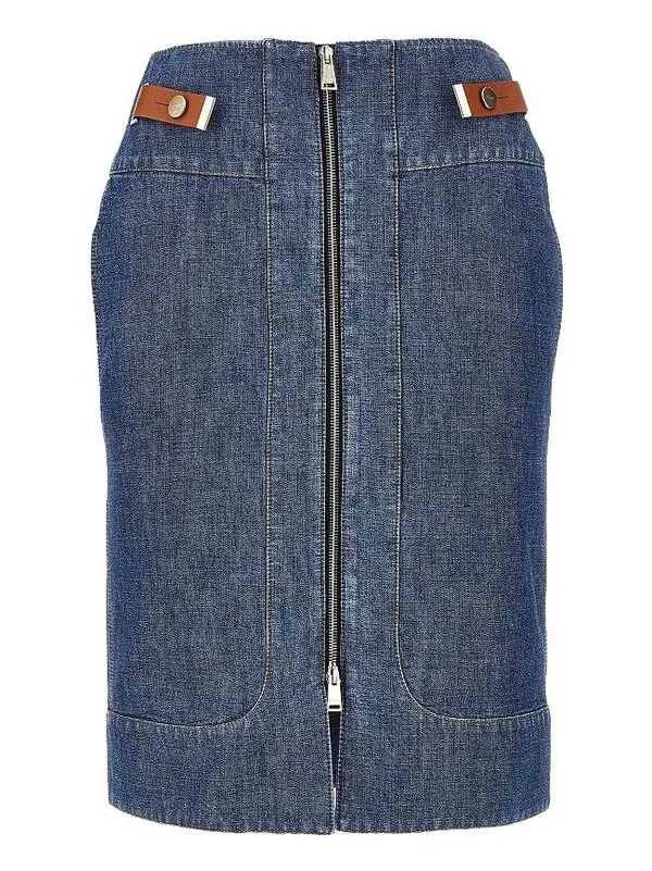 Fendi Chambray Skirt With Leather Tabs - Blue
