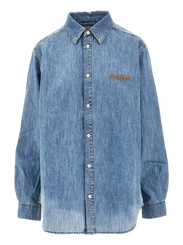 Miu Miu Logo Embroidered Chambray Denim Shirt - Blue