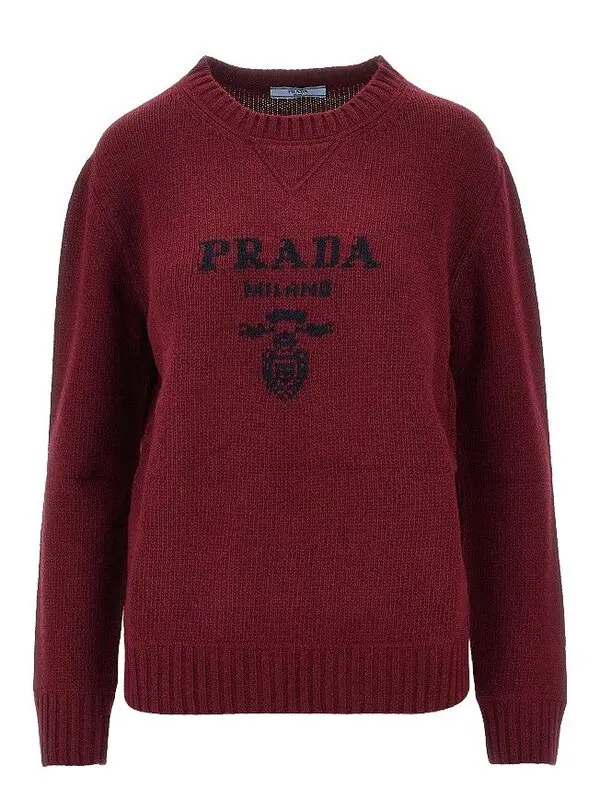 Prada Wool And Cashmere Crew Neck Sweater With Logo - Red