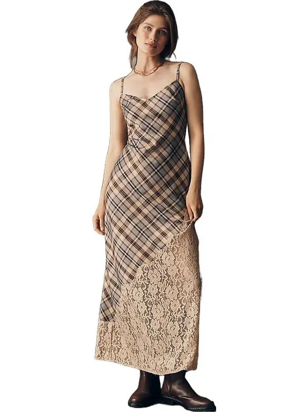 Avec Les Filles Bias Lace Maxi Dress - Brown Pattern