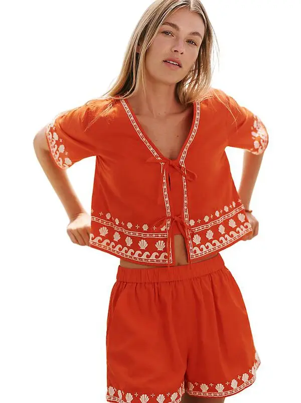 Z Supply Embroidered Cotton V-neck Top With Tie Closures - Bright Red