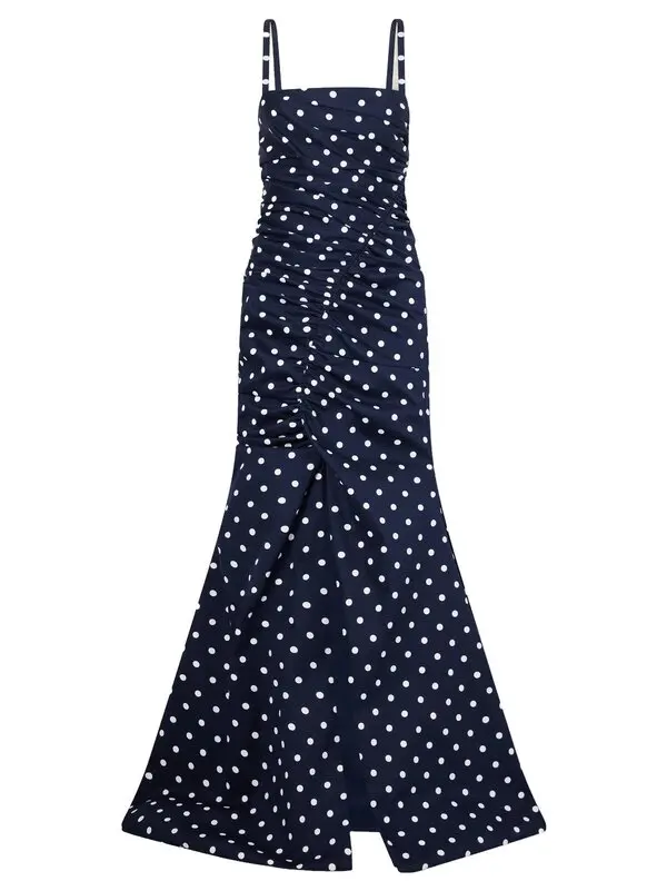 Carolina Herrera Gathered Polka Dot Cotton-blend Twill Gown - Blue