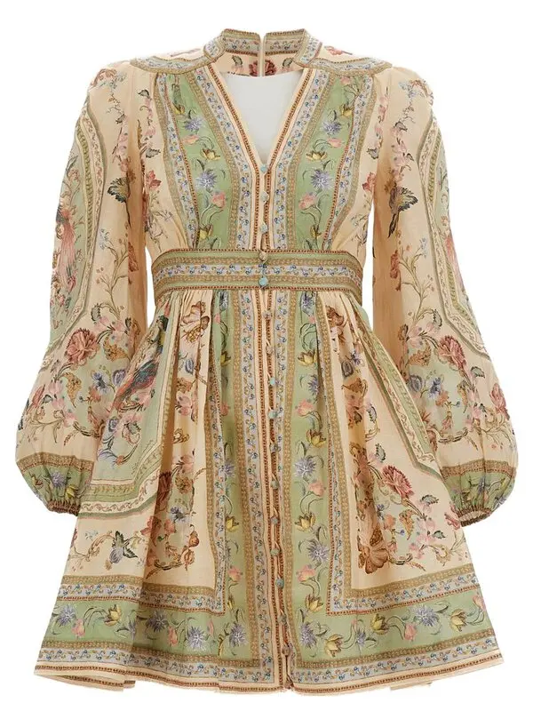 Zimmermann Roselight Plunge Mini Dress With Puff Sleeves And Floral Print - Multicolor