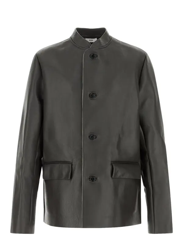 RIER Rieri Dark Leather Jacket With High Collar - Grey