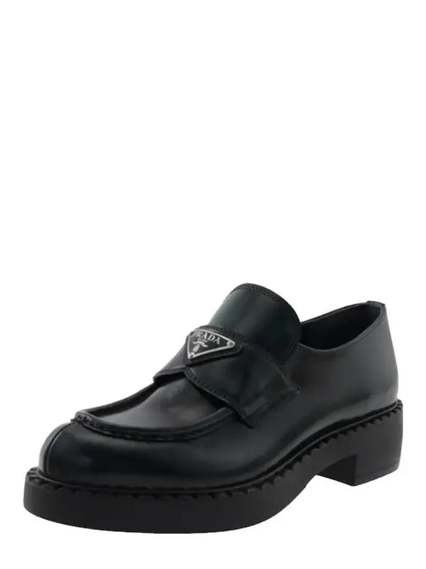 Prada Black Leather Triangle Logo Loafers - No