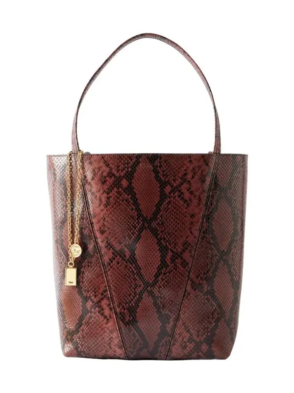 Chloé Spin Embellished Snake-effect Leather Tote - Brown