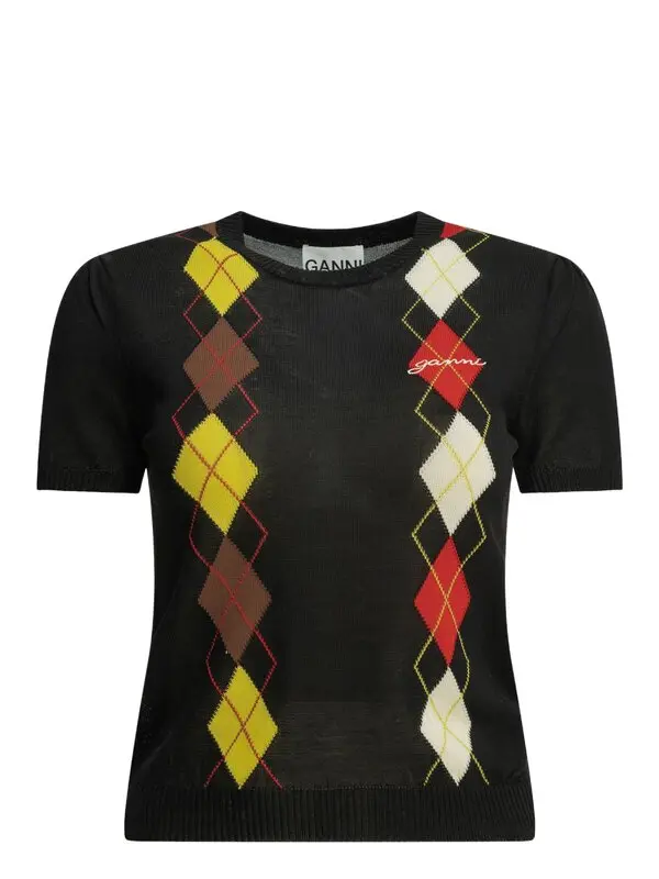 GANNI Argyle Short-sleeve Knitted Top - Black