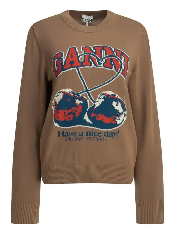 GANNI Crewneck Jumper With Cherry Graphic - Brown