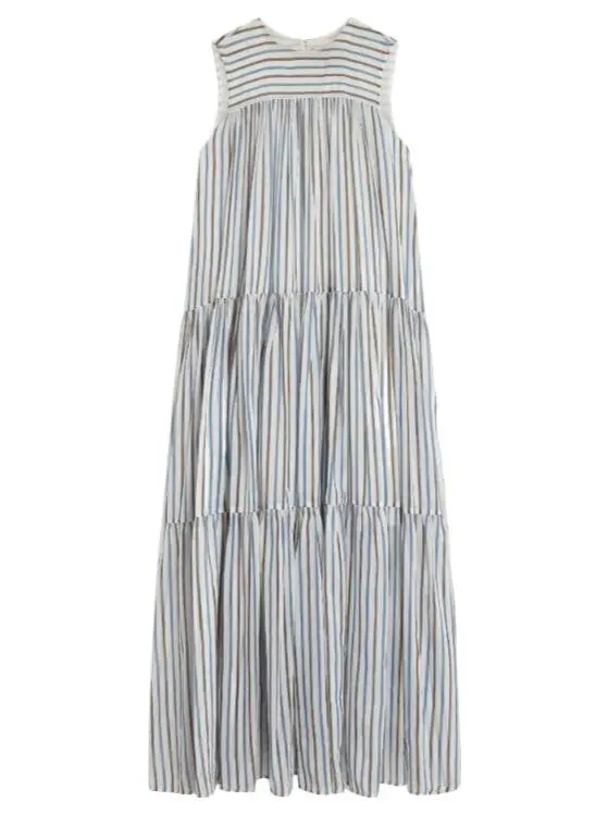 SEMICOUTURE Sleeveless Striped Maxi Dress With Pleated Skirt - Gray