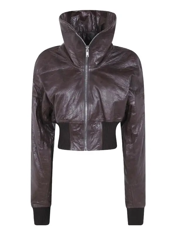 Rick Owens Cropped Leather Bomber Jacket With High Collar - Black