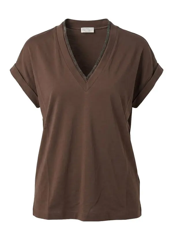 Brunello Cucinelli Monili-trimmed V-neck T-shirt - Brown
