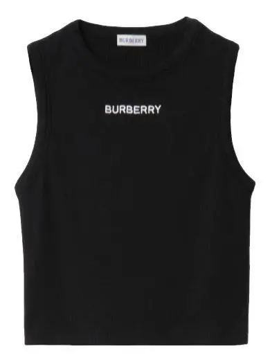 Burberry Ribbed Stretch Cotton Tank Top With Embroidered Logo - Black