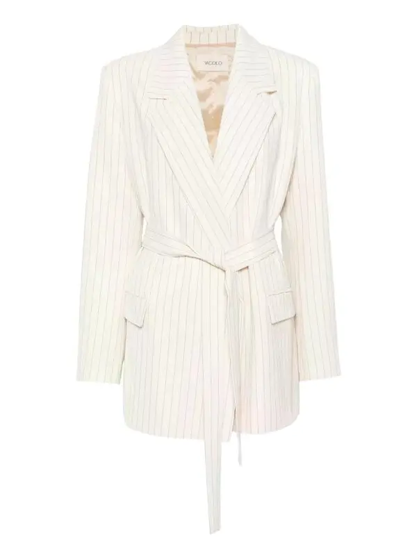 VICOLO Pinstripe Pattern Belted Blazer - Neutrals