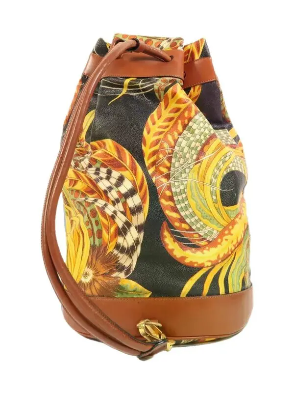FERRAGAMO Brown Leaf-print Drawstring Bucket Bag - Black