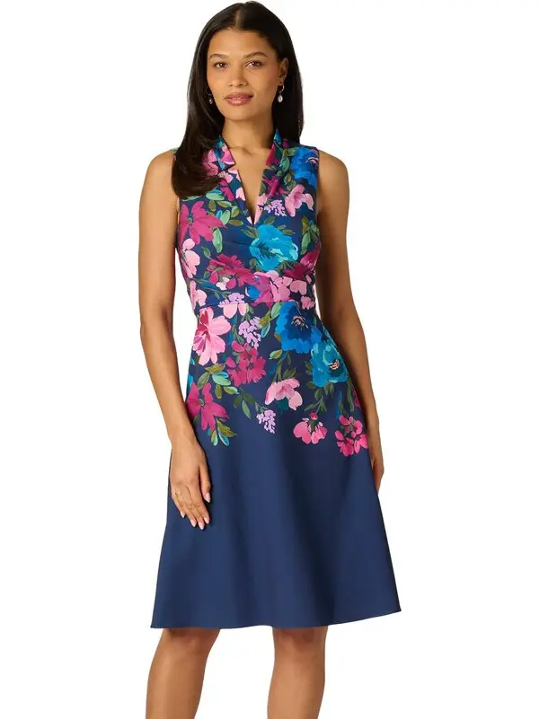 Adrianna Papell Sleeveless Collared Floral Border Twill Midi Dress - Navy Multi