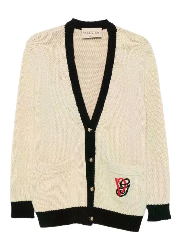 Valentino Garavani V-logo Embroidered V-neck Cardigan - Neutrals