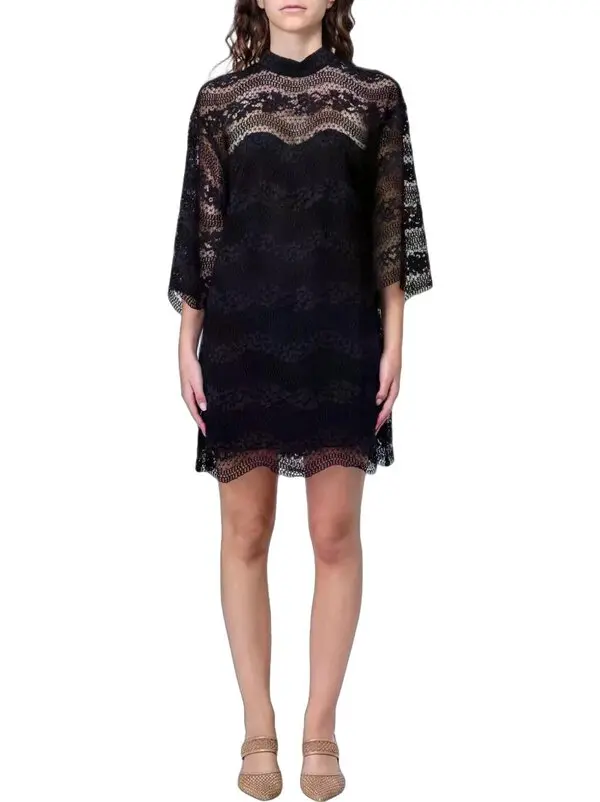 TWINSET Lace Overlay Mini Dress With High Neck - Black