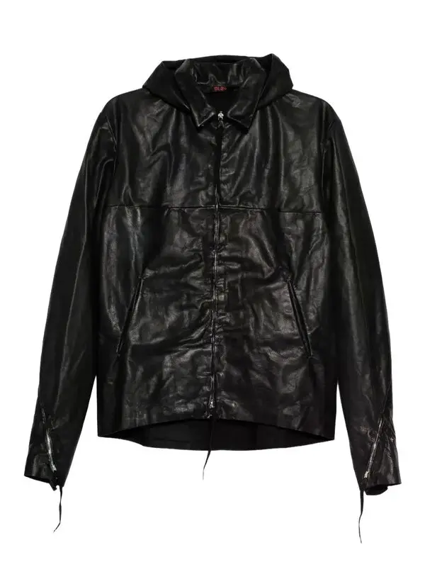MA+ Detachable Hood Leather Biker Jacket - Black