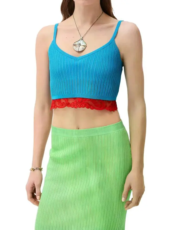 Versace Ribbed Knit Tank Top With Lace Trim - Blue