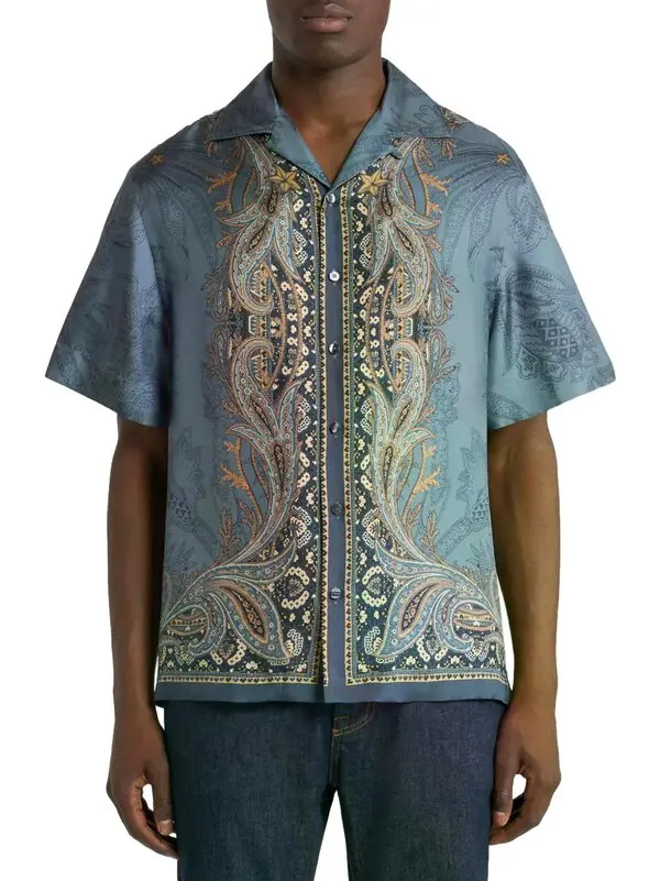 Etro Silk Bowling Shirt With Placed Pegaso-print - Blue