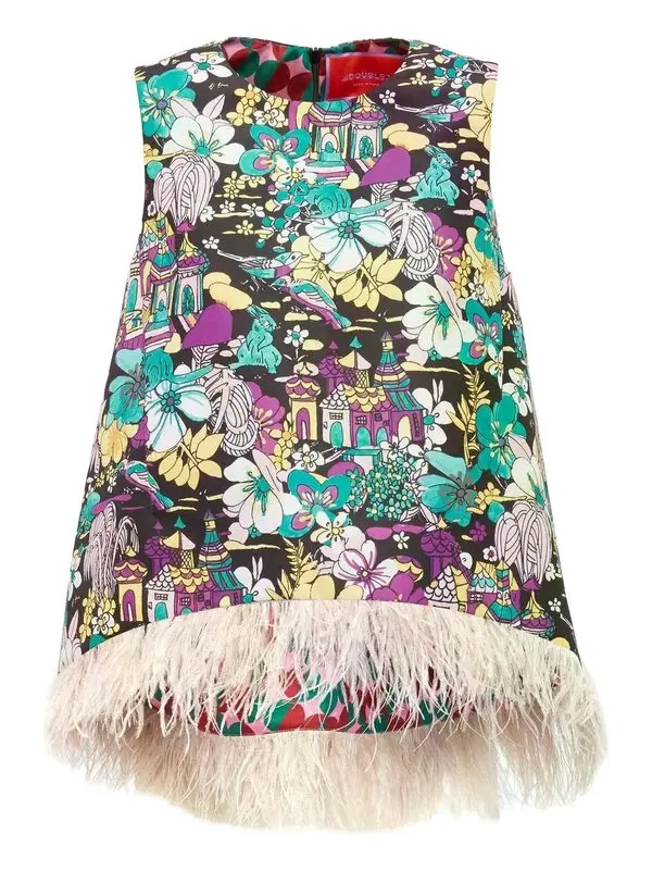 La DoubleJ La Scala Feather-trim Jacquard Top - Black