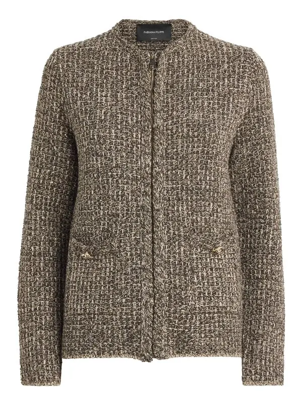 Fabiana Filippi Embellished Zip-up Tweed Cardigan - Brown
