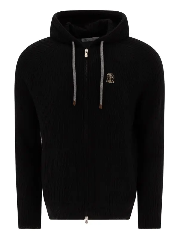 Brunello Cucinelli Logo Embroidered English Rib Knit Hooded Sweatshirt - Black