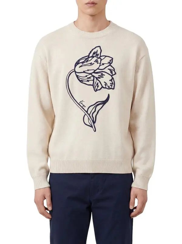 Kenzo Floral Wool And Cotton Blend Jumper With Embroidered Logo - White