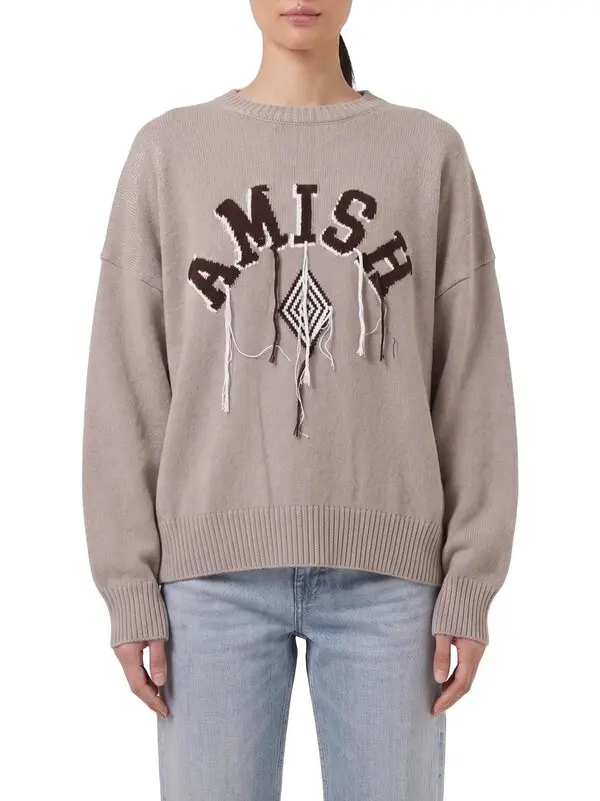 AMISH SUPPLIES Cotton Crew-neck Sweater With Jacquard Logo And Fringe - Beige
