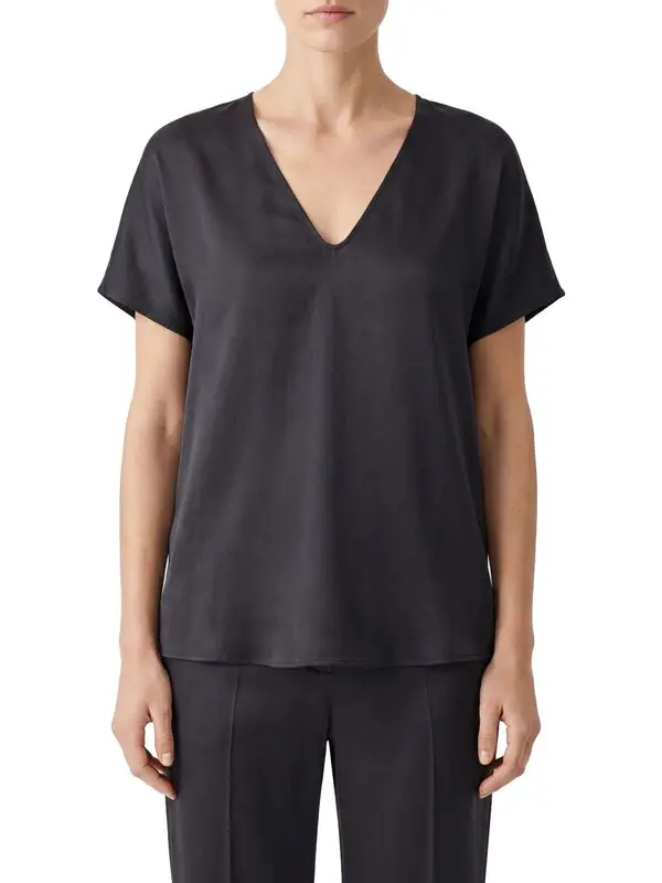ALYSI Pure Silk V-neck Short Sleeve Blouse - Charcoal