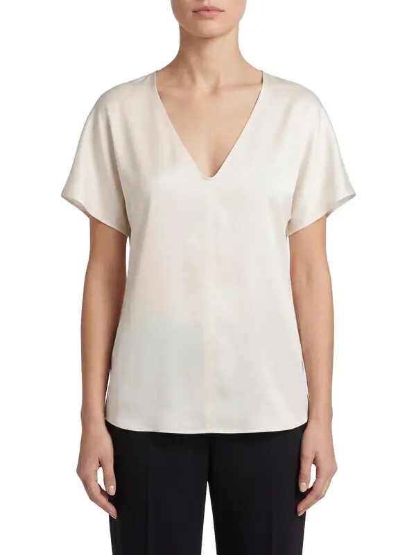 ALYSI Pure Silk V-neck Short Sleeve Blouse - Ivory