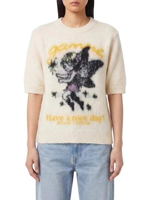 GANNI Short Sleeve Wool Jumper With Graphic Print - White