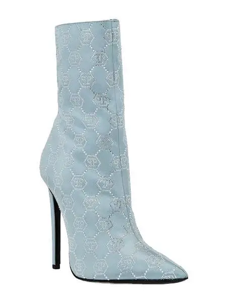 Philipp Plein Monogram Rhinestone Embellished Satin High Heel Boots - Lightblue
