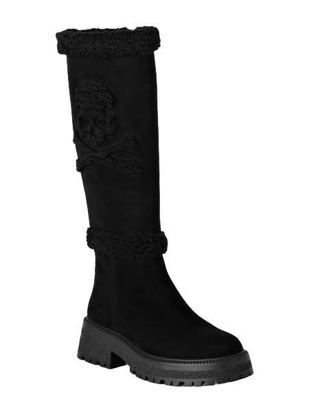 Philipp Plein Mid Flat Skull & Bones Faux Sheepskin Boots - Black