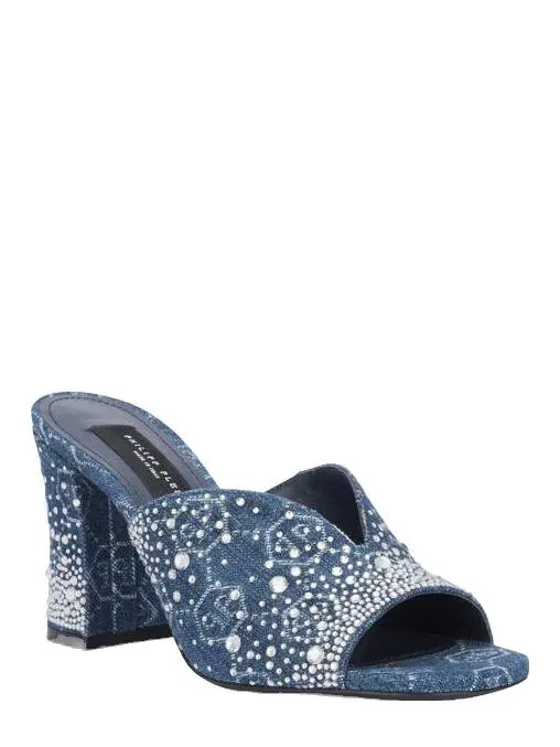 Philipp Plein Denim Monogram Embellished Mid Heel Platform Sandals - Lightblue