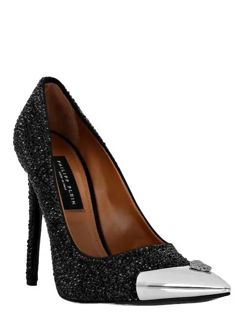 Philipp Plein Satin Pumps With Rhinestone Embellishments And Metal Toe Cap - Black