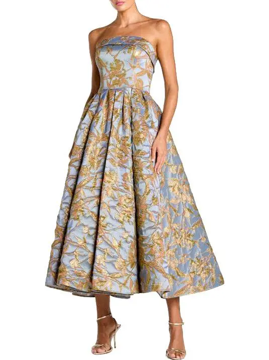 Mac Duggal Strapless Floral Brocade Midi Dress With Pockets - Periwinkle Multi