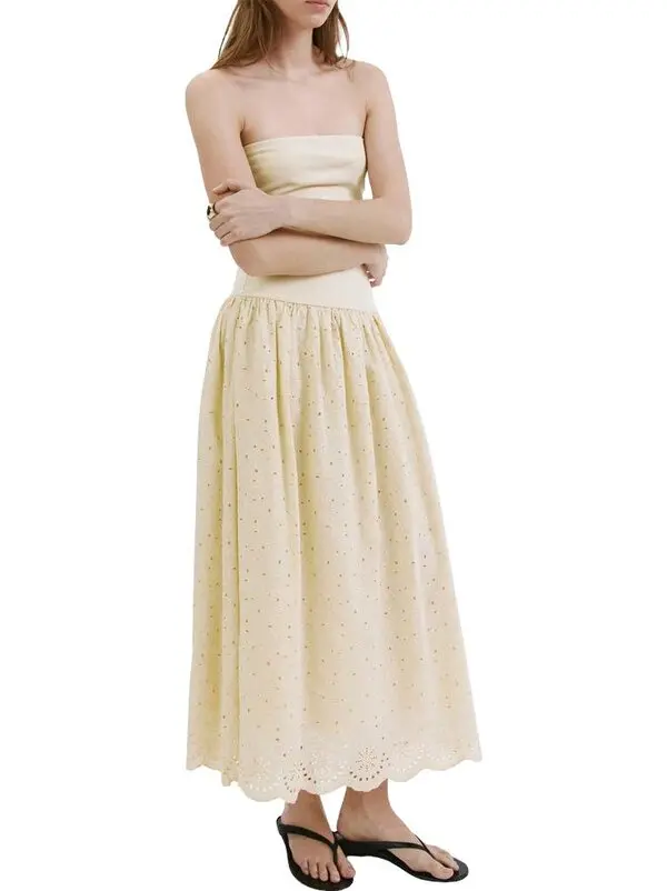 Mango Embroidered Eyelet Strapless Maxi Dress - Sand