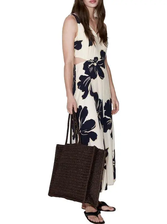 Mango Floral Print Cutout Sleeveless Maxi Dress - Ecru