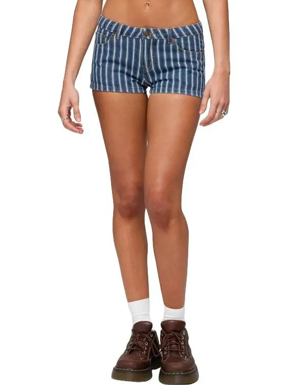 EDIKTED Odie Stripe Denim Shorts - Blue