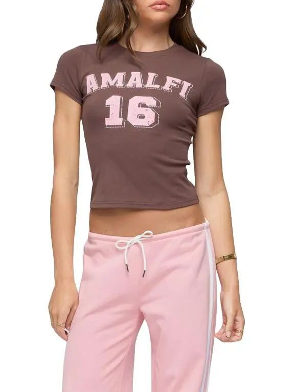 EDIKTED Amalfi Contrast Stretch Cotton Blend Crop Graphic T-shirt - Brown