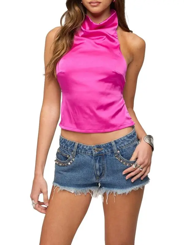 EDIKTED Satin Cowl Neck Halter Top With Open Back - Pink