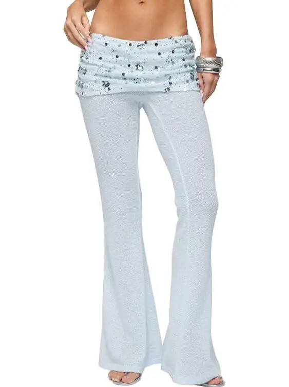 EDIKTED Zephyra Beaded Sequin Foldover Low Rise Flare Pants - Light-blue