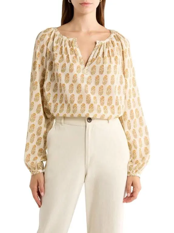 Paige Olvera Printed Cotton Split Neck Top - Bone Multi