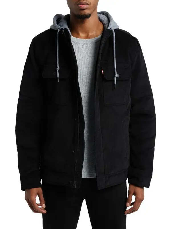 LEVI'S Hooded Corduroy Jacket With Quilted Lining - Black