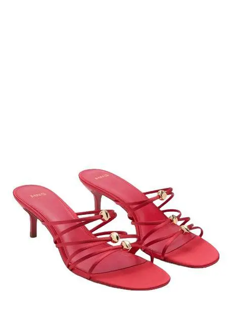 Mango Kitten Heel Satin Strap Sandals With Gold Tone Hardware - Red